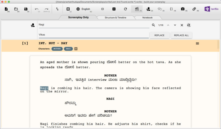 Find & Replace » Scrite