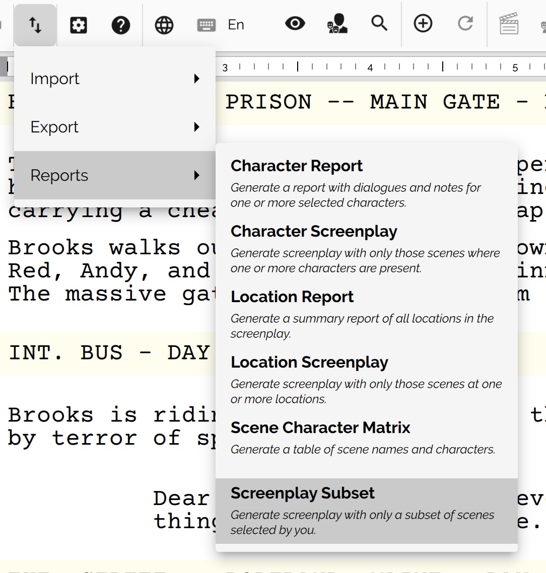 Day, Night, INT, EXT Scenes Only » Scrite